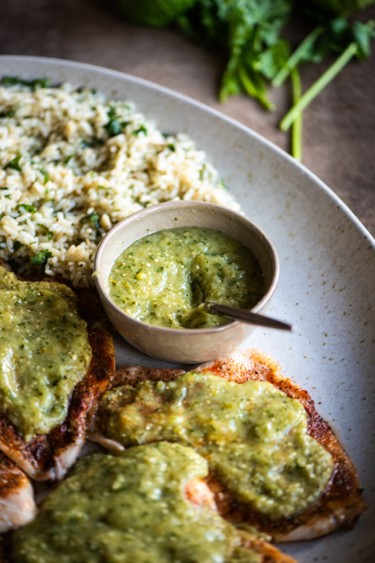 Salsa Verde Flounder with Cilantro Lime Rice Recipe | Dude That Cookz